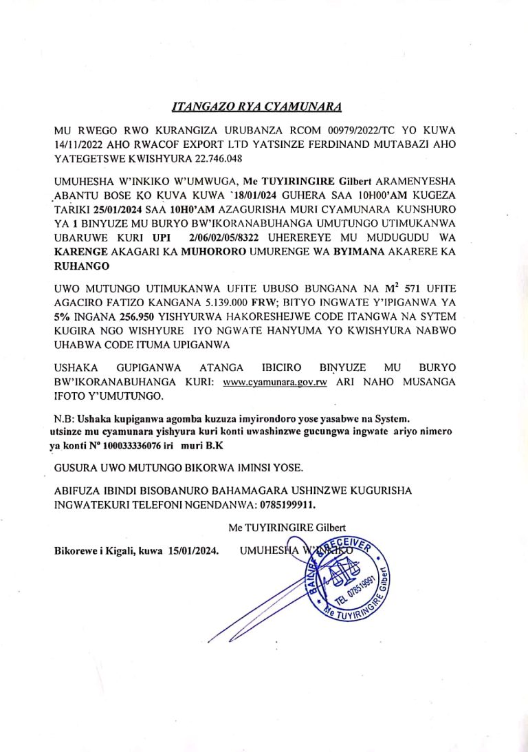 Cyamunara y'umutungo utimukanwa ubaruye kuri UPI: 2/06/02/05/8322 ...