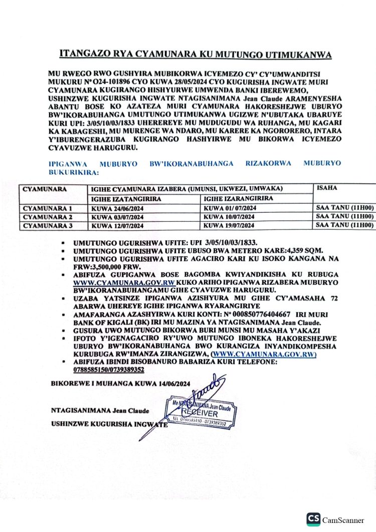 Cyamunara y'ubutaka bubaruye kuri UPI: 3/05/10/03/1833 buherereye Ndaro ...