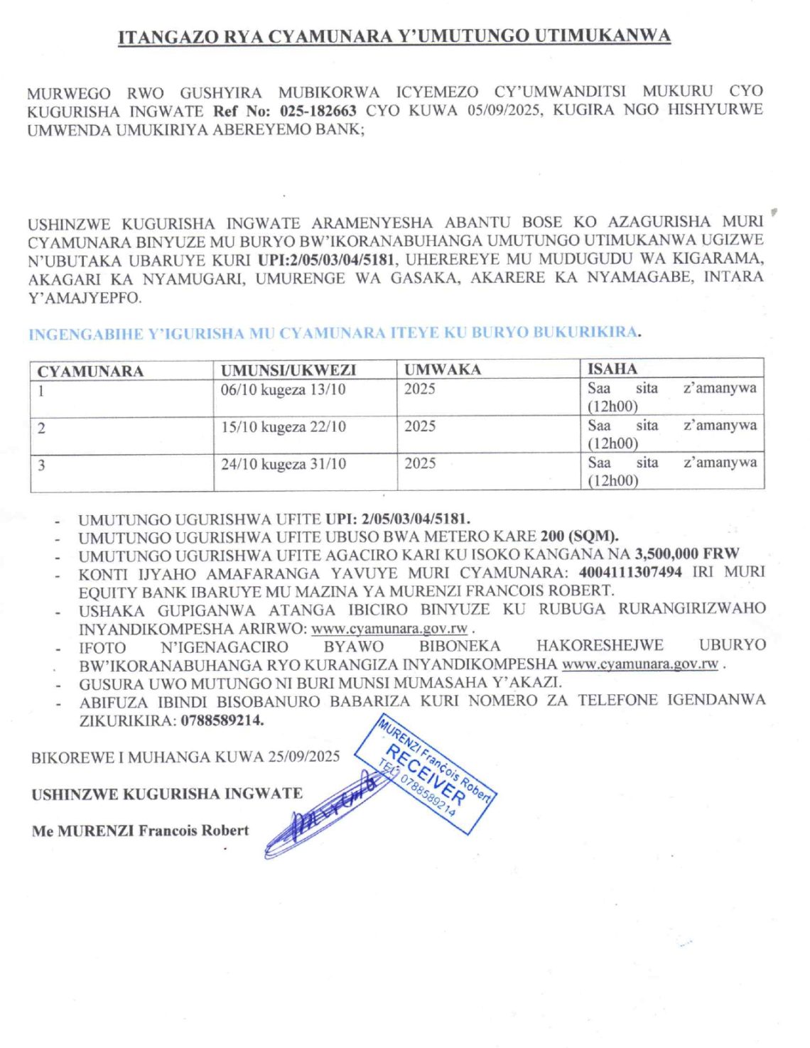 Cyamunara y'ubutaka bubaruye kuri UPI: 2/05/03/04/5181 buherereye ...