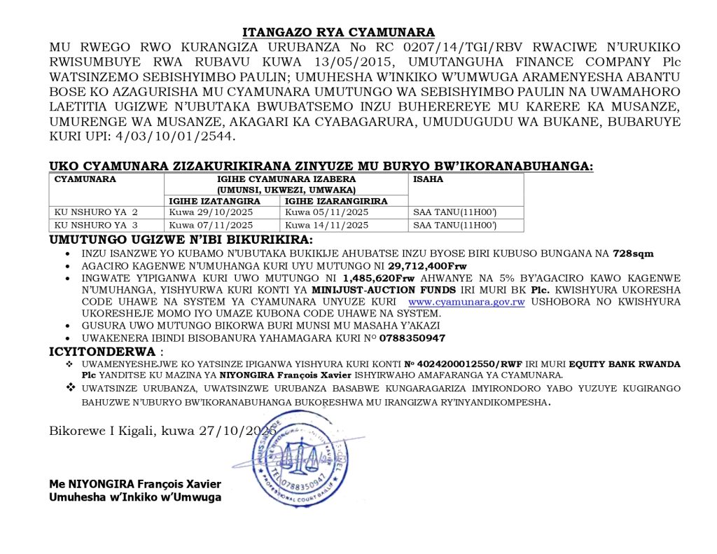 Cyamunara y'ubutaka bwubatseho inzu bubaruye kuri UPI: 4/03/10/01/2544 ...