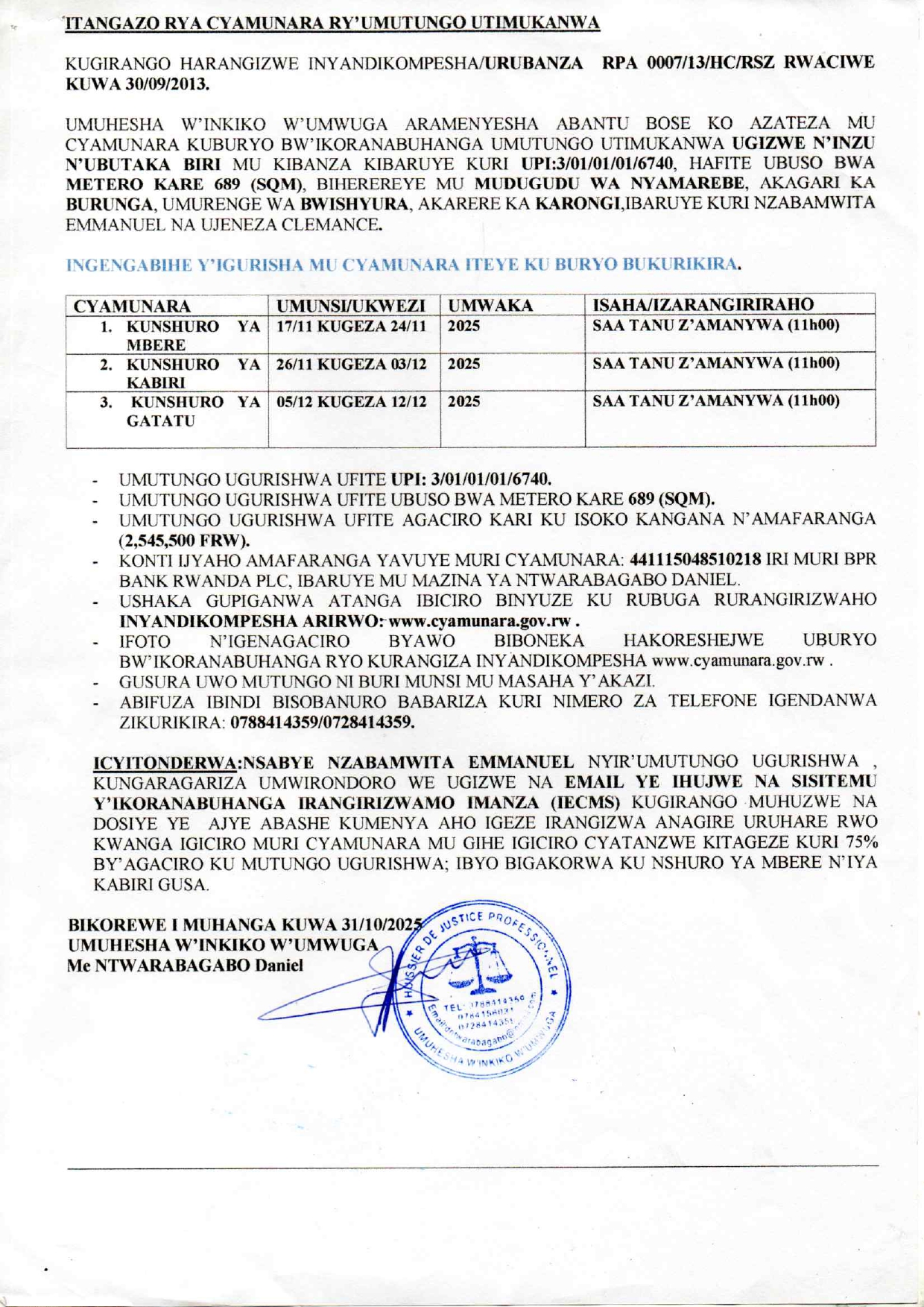 Cyamunara y'inzu ibaruye kuri UPI: 3/01/01/01/6740 iherereye Bwishyura ...