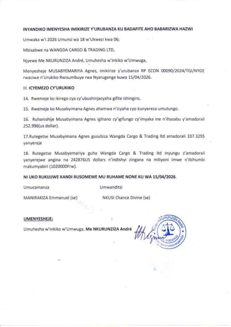 Itangazo ryo kumenyesha imikirize y’urubanza ku badafite aho babarizwa ...